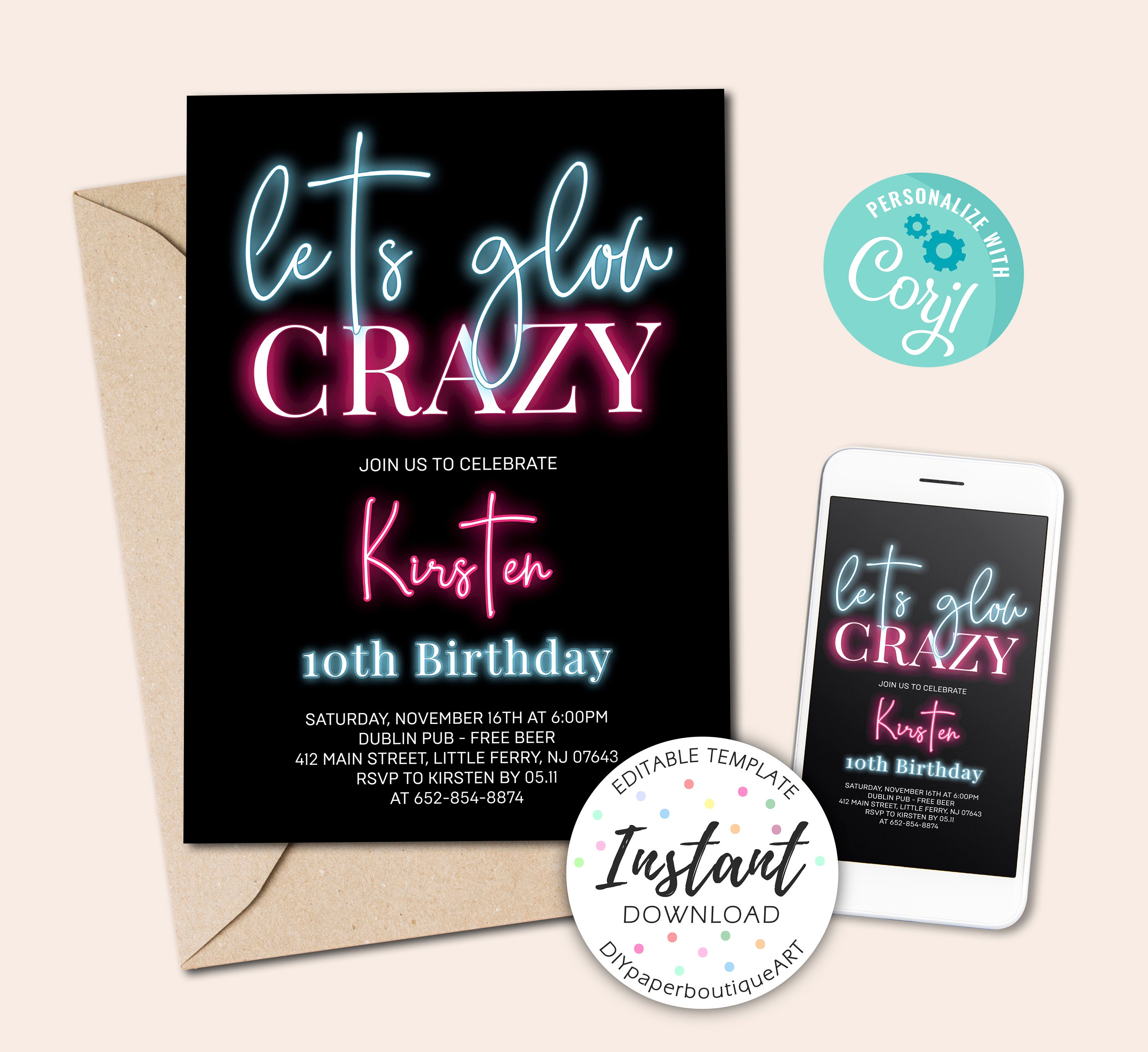 Neon Light Birthday Invitation Adult Bday Invite Teen Neon - Etsy