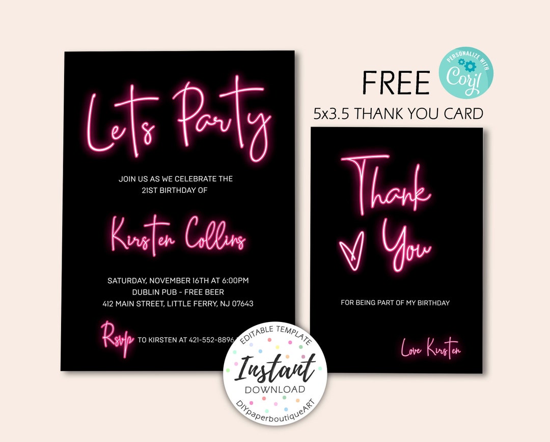 Neon Light Birthday Invitation, Adult Bday Invite, Teen, Neon Hot Pink ...