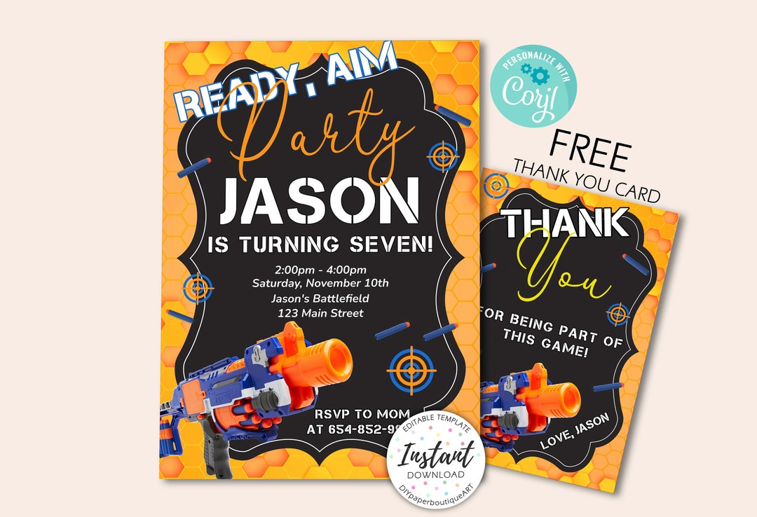 Editable Nerf Birthday Party Invitation, Dart Gun Invite for Boys ...