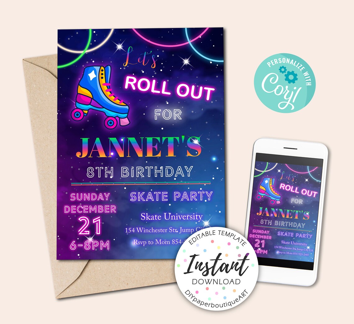 Roller Skating Birthday Invitation Let's Roll Roller - Etsy