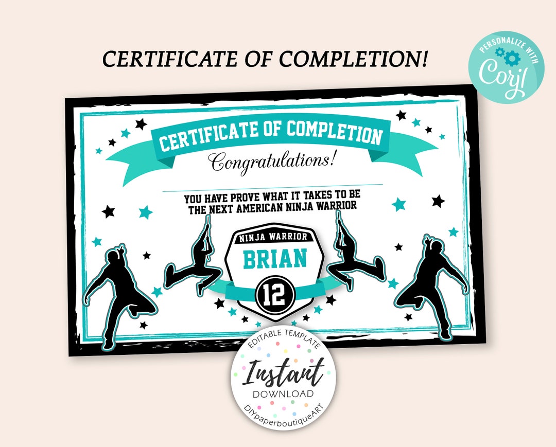 Ninja Warrior Certificate, Certificate of Completion, Course Completion, Ninja Award, Ninja ...