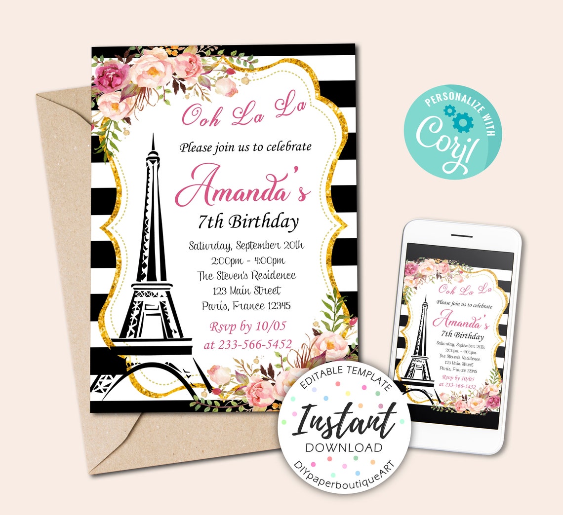 Paris Birthday Invitationparty in Paris DIGITAL | Etsy