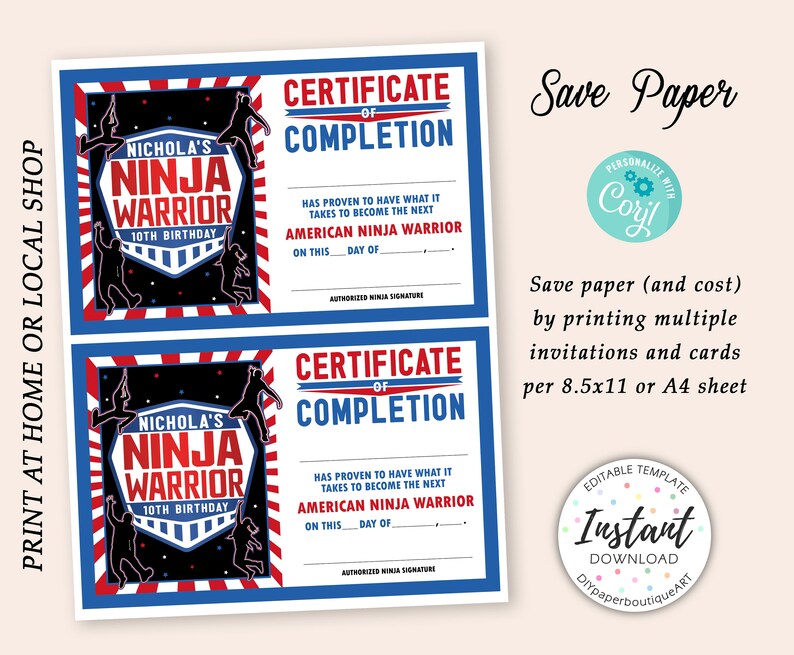 Ninja Warrior Certificate, Certificate of Completion, Course Completion ...