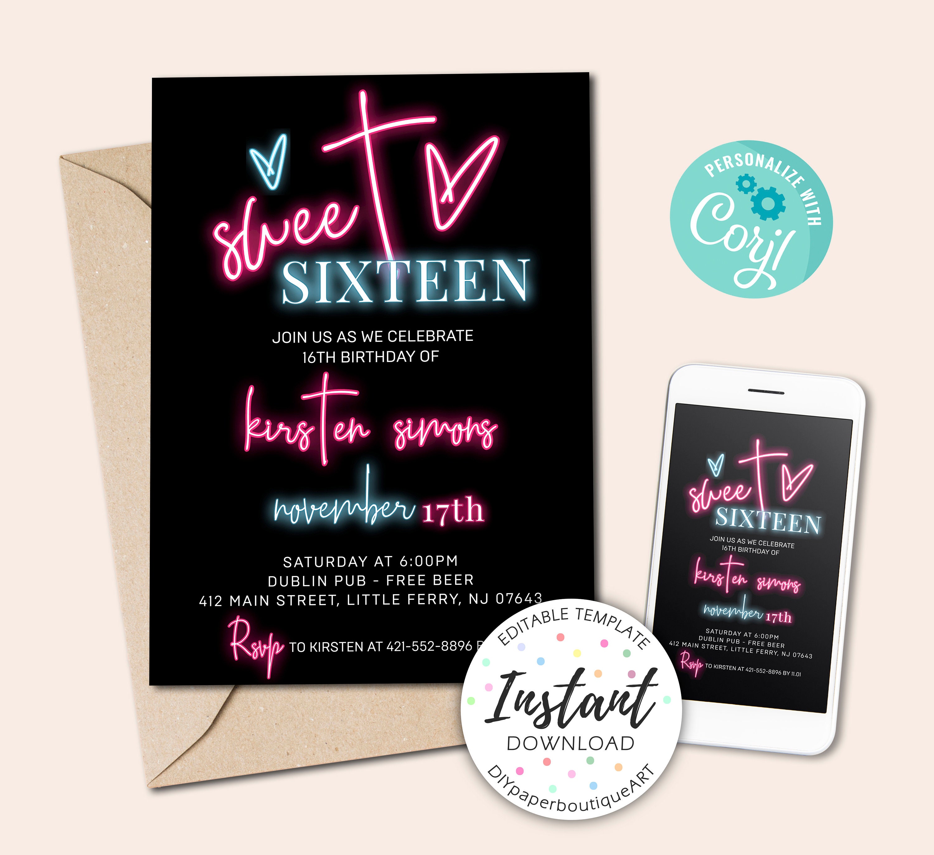 Neon Light Birthday Invitation Adult Bday Invite Sweet Teen - Etsy