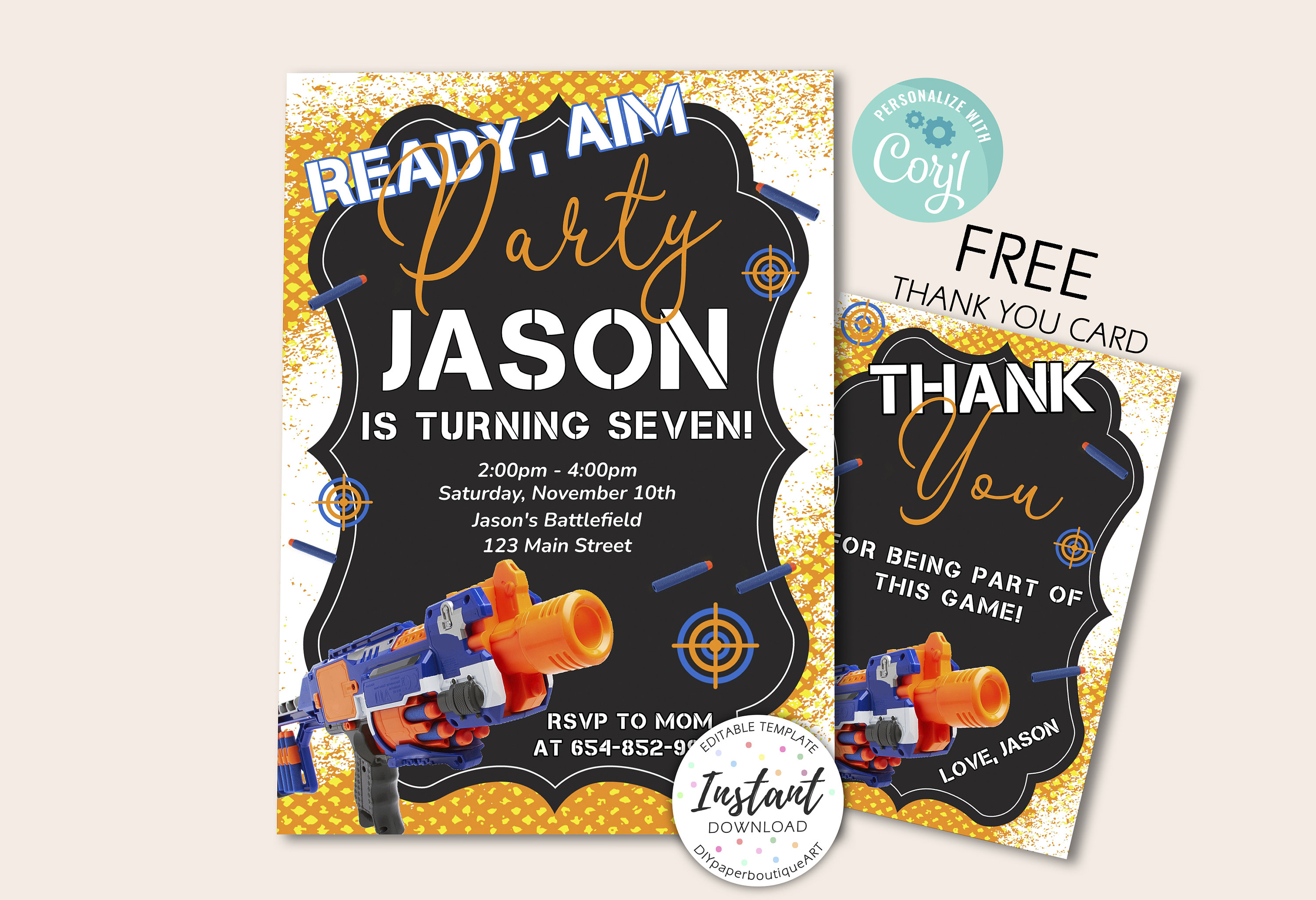 Editable Nerf Birthday Party Invitation, Dart Gun Invite for Boys ...