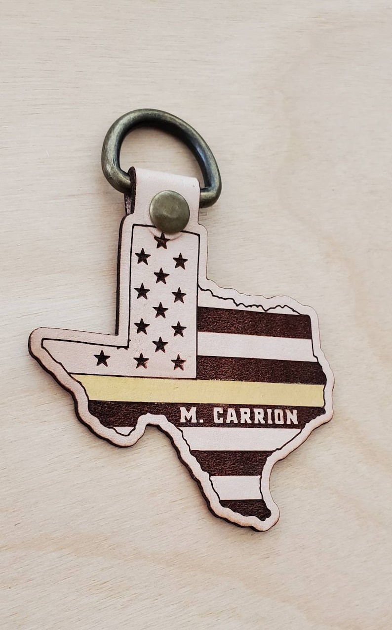 Custom Leather Keychain, Texas Shape Thin Gold Line Key Fob ...