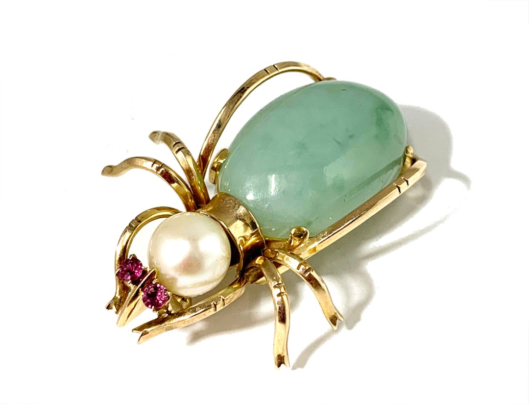 Vintage 14K Gold Beetle Brooch: Jade, Pearl & Ruby Insect Pin - Etsy