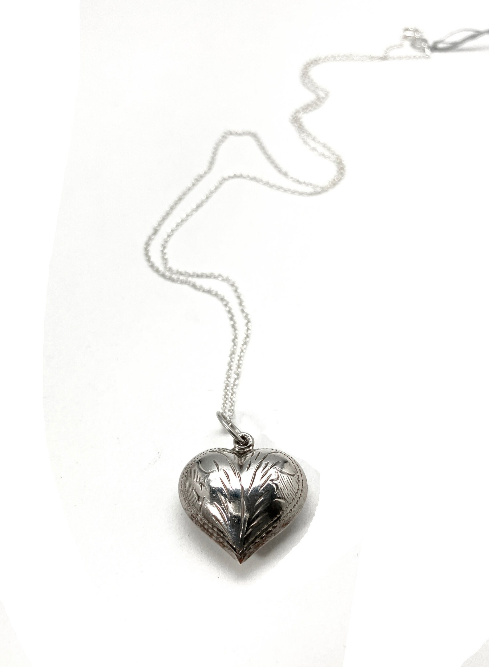 Puffed Engraved Heart Pendant Necklace in Sterling Silver vintage Heart ...
