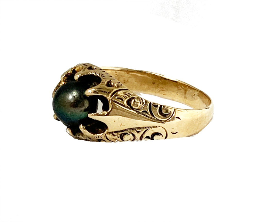 10K Yellow Gold and Peacock Pearl Antique Ring Black Pearl Ring Vintage ...