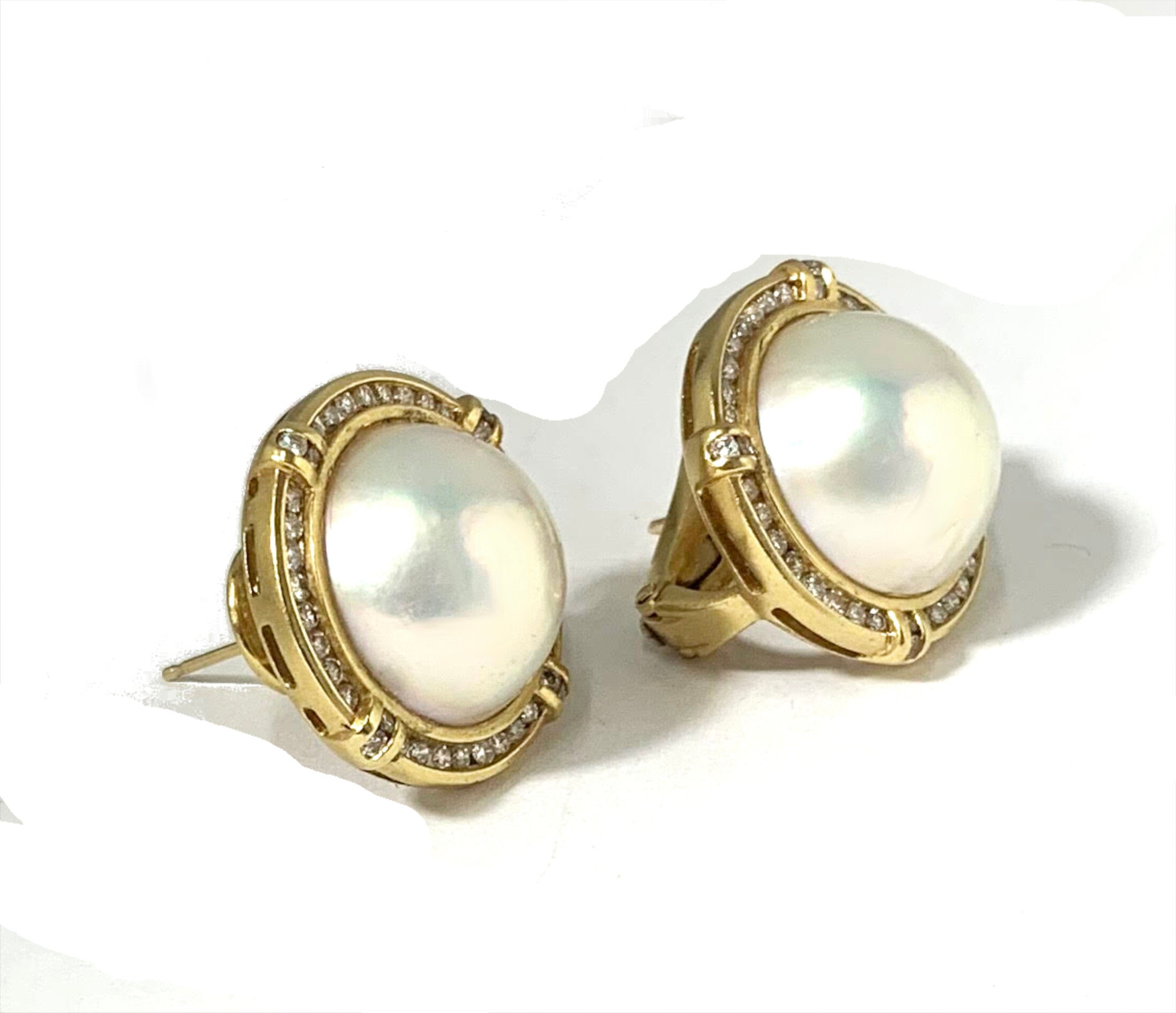 Mabe Pearl 18K Yellow Gold and Diamond Button Earrings Vintage Glam ...