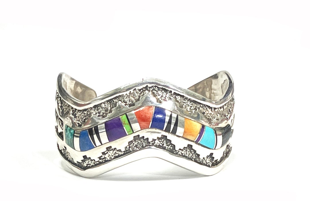Signed Calvin Begay Sterling Silver Cuff Bracelet With Gemstone Inlay ...