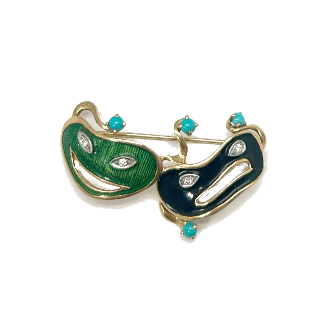 18K Yellow Gold, Enamel, Diamond and Turquoise Thespian Mask Drama Pin ...