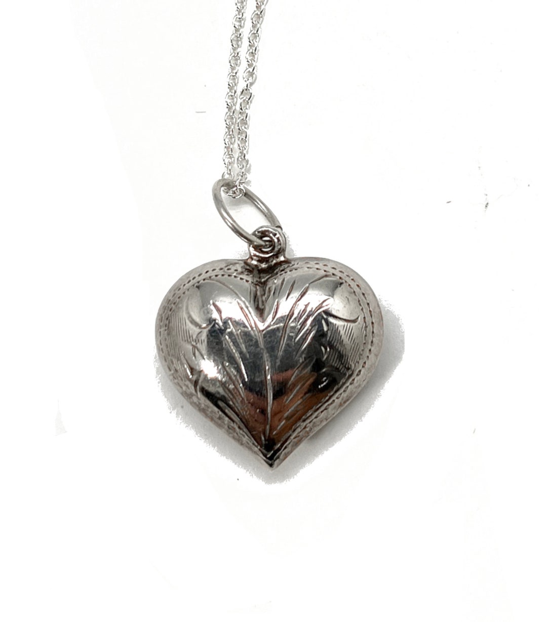 Puffed Engraved Heart Pendant Necklace in Sterling Silver vintage Heart ...