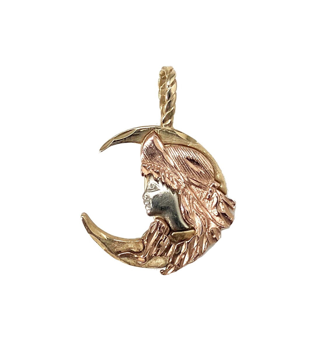 Art Nouveau Lady Fortuna Crescent Moon Pendant in Tri Color 14K Gold ...