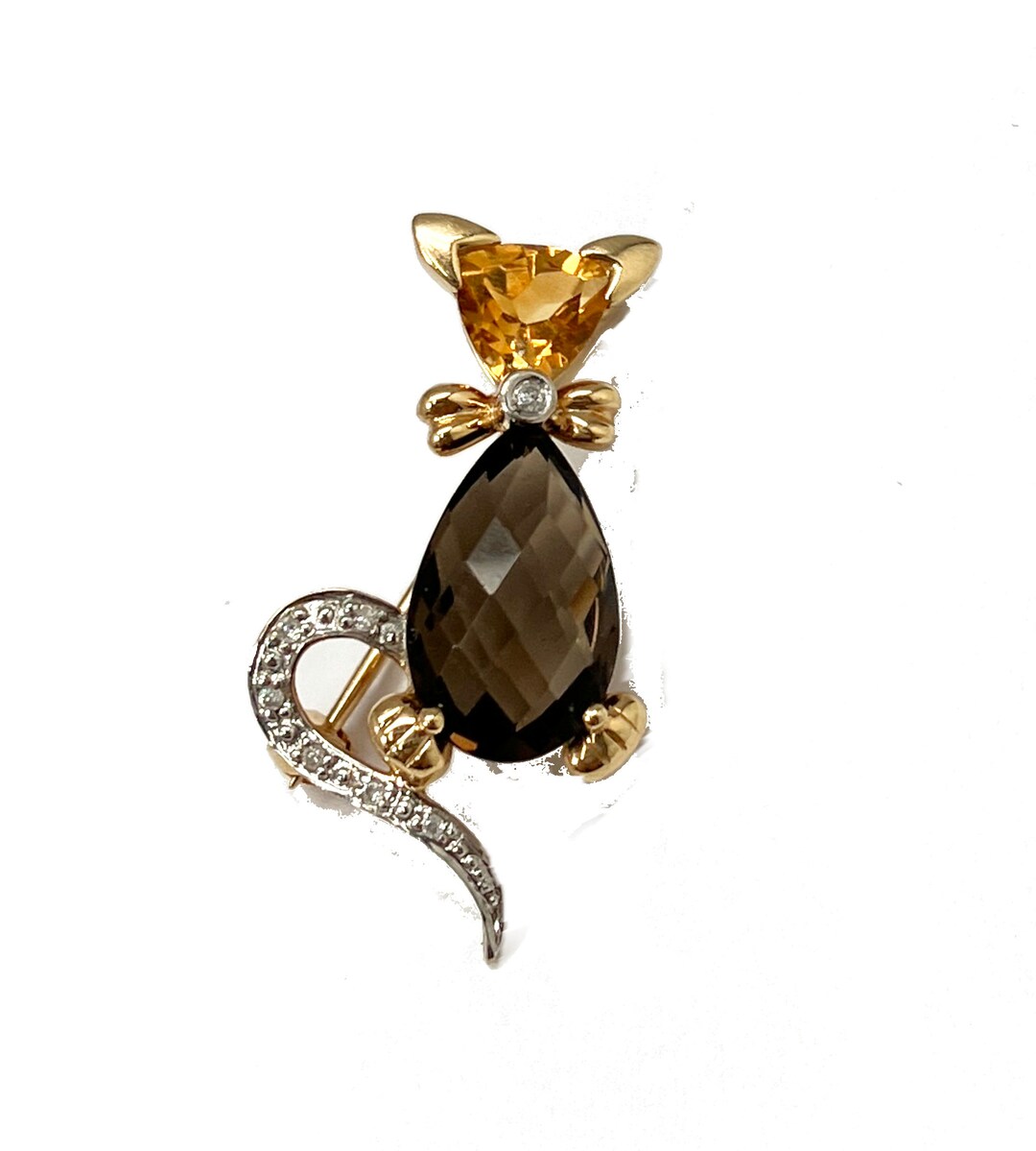 14K Yellow Gold Cat Pin Brooch - Animal Jewelry - Citrine Smokey Quartz ...