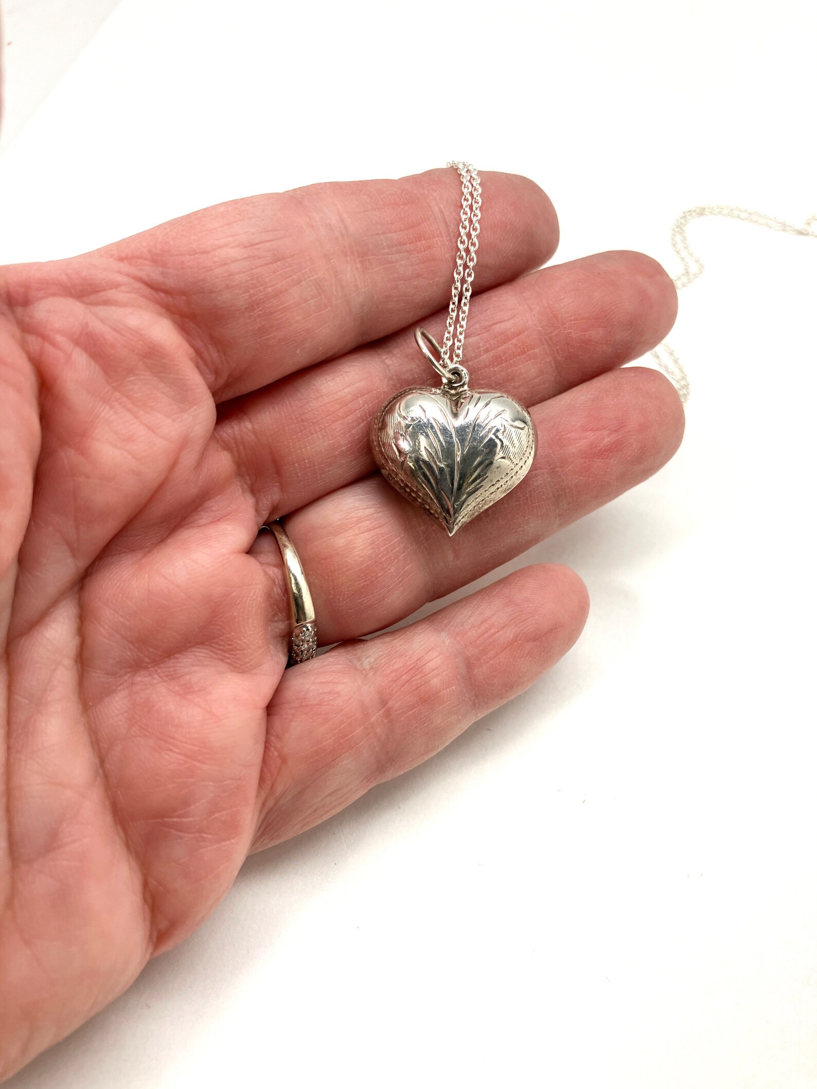 Puffed Engraved Heart Pendant Necklace in Sterling Silver vintage Heart ...