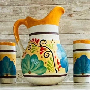 Terra Cotta Mexican Art Pottery Pitcher With 6 Cups Jarra Artesanal ...