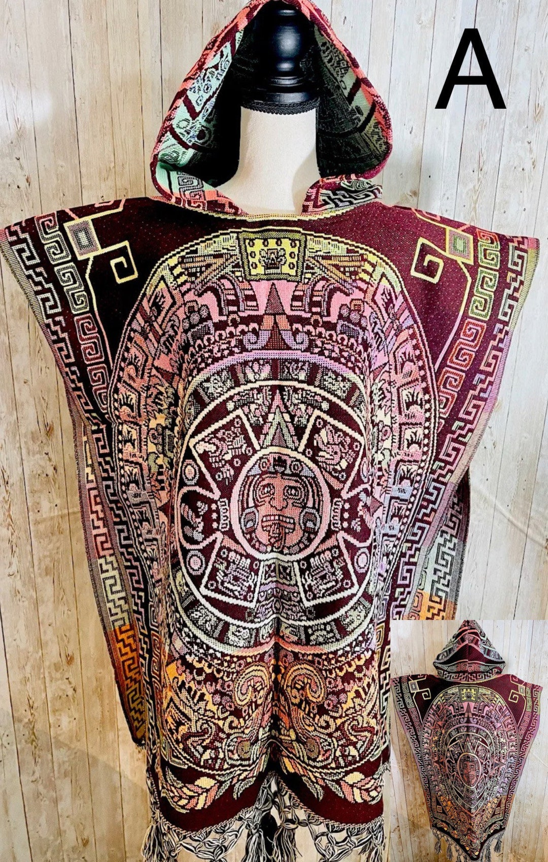Poncho Gavan Mexicano Calendario Azteca Con Gorra Mexican - Etsy