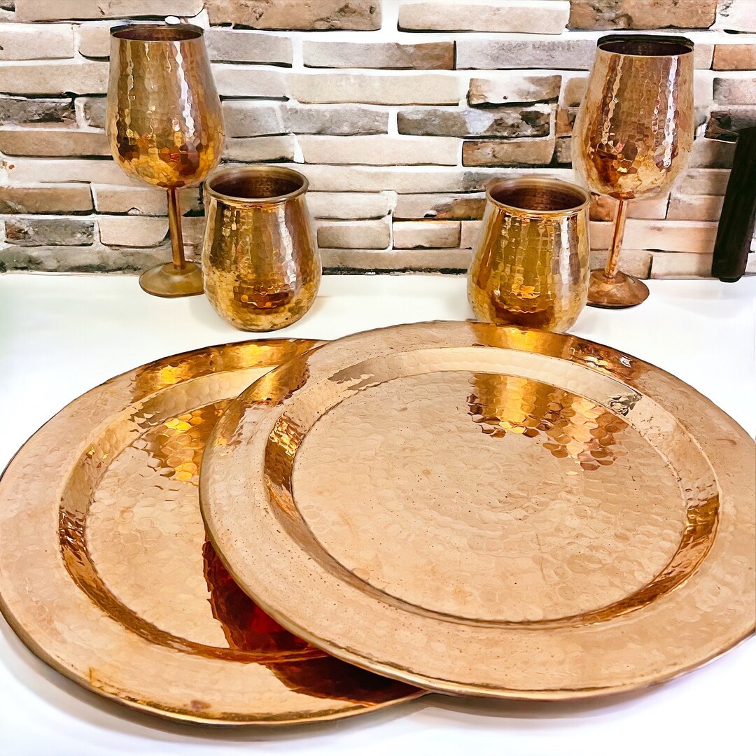 6 Piece Set Mexican Copper Set 2 Plates 2 Cups & 2 Wine Glasses Set De ...
