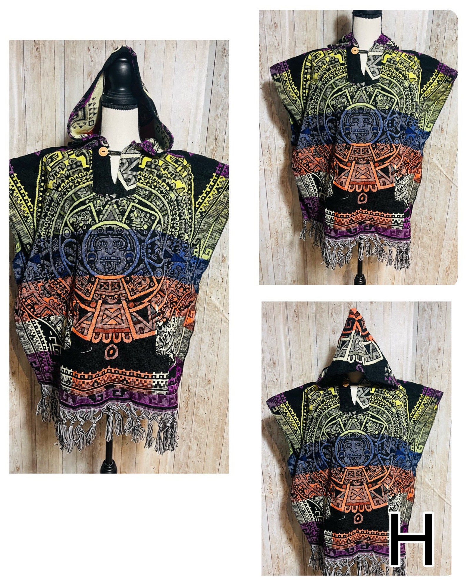 Poncho Gavan Mexicano Calendario Azteca Con Gorra Mexican - Etsy