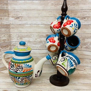 Terra Cotta Mexican Art Pottery Coffeetea Pot With 6 Mugs and Mug Tree ...