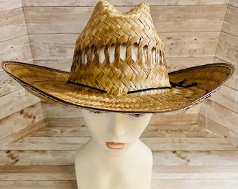 Mexican Palm Leaf Cowboy Hat Dark Natural Straw Wide Brim With Chin ...
