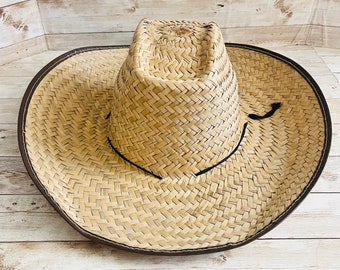 Mexican Palm Leaf Cowboy Hat Dark Natural Straw Wide Brim With Chin ...