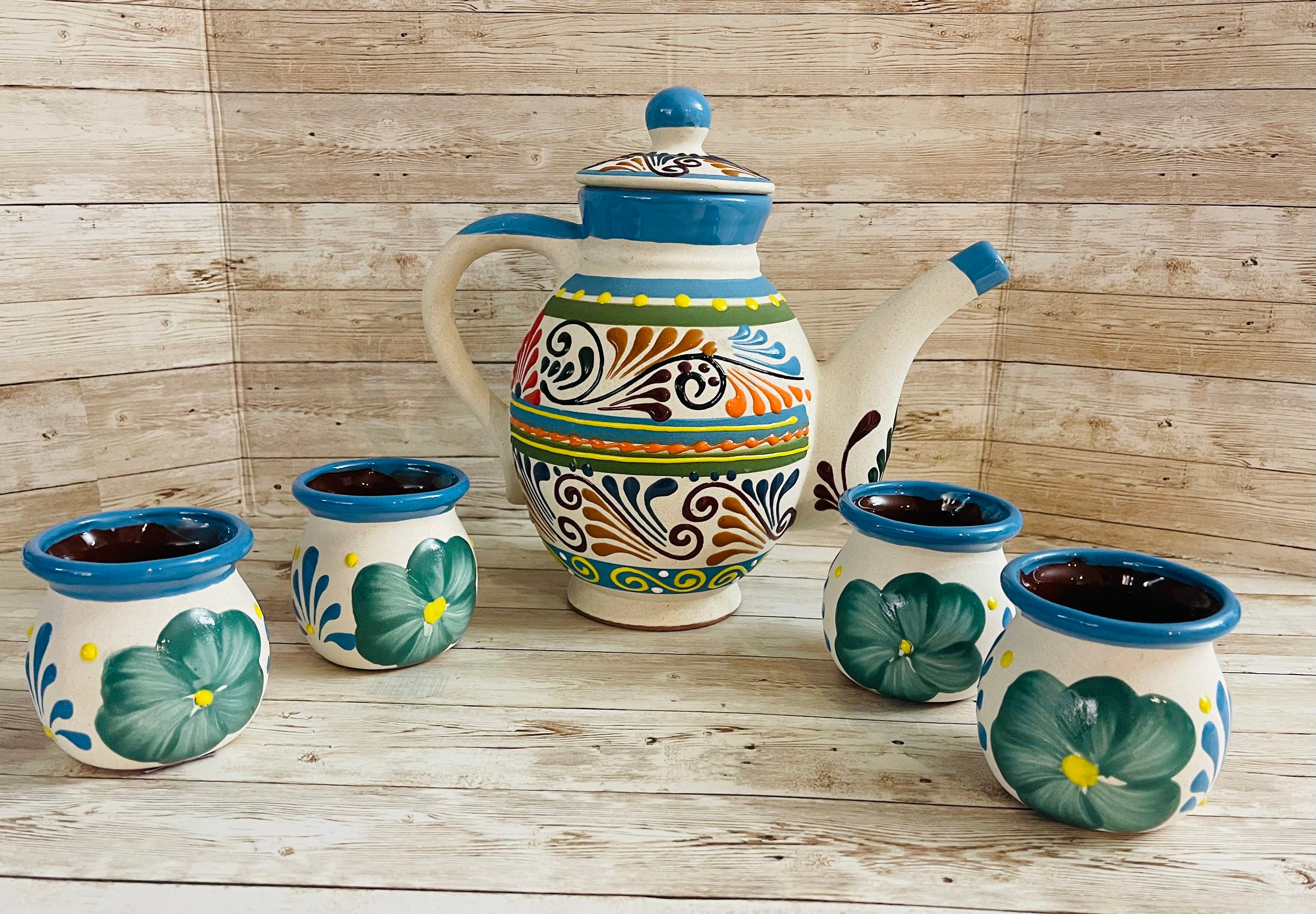 Terra Cotta Mexican Art Pottery Coffeetea Set Drinkware With 4 - Etsy