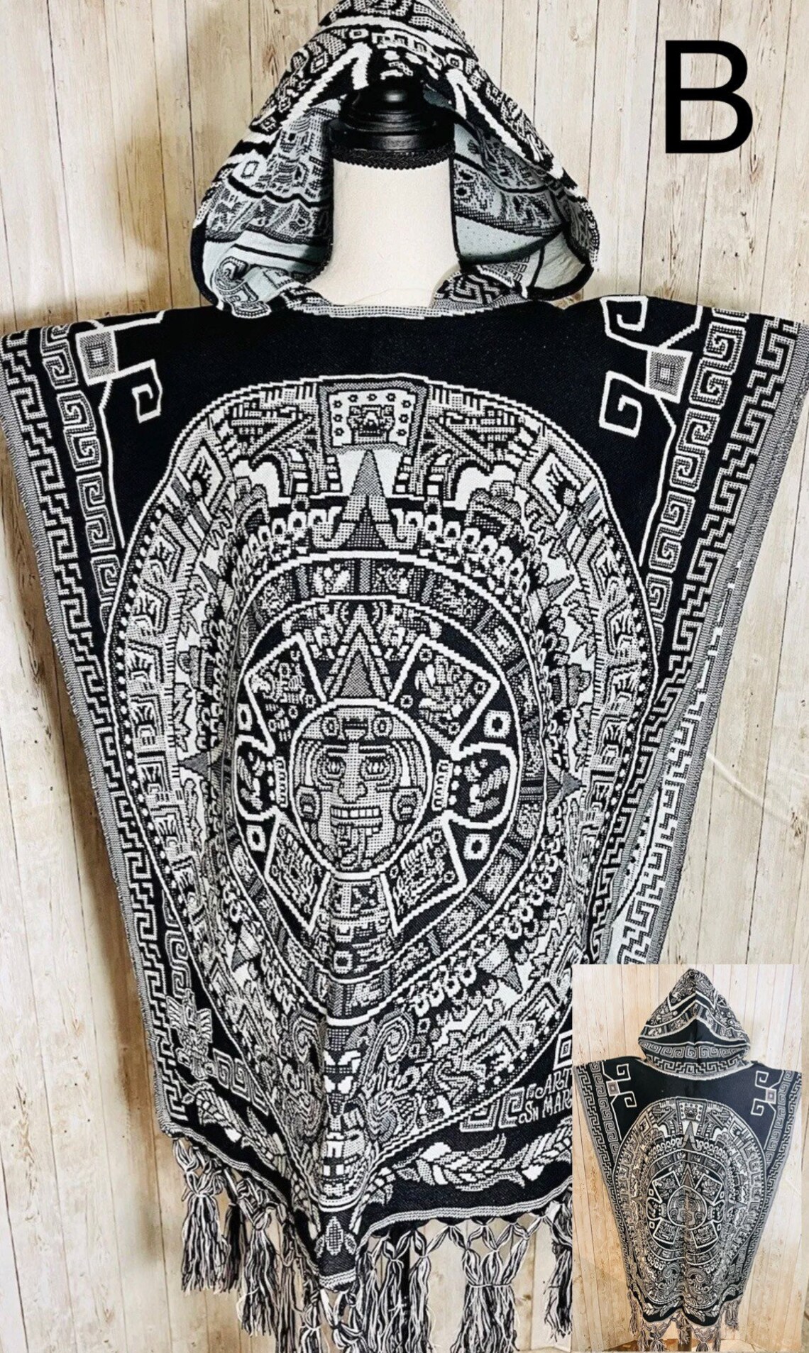 Poncho Gavan Mexicano Calendario Azteca Con Gorra Mexican - Etsy