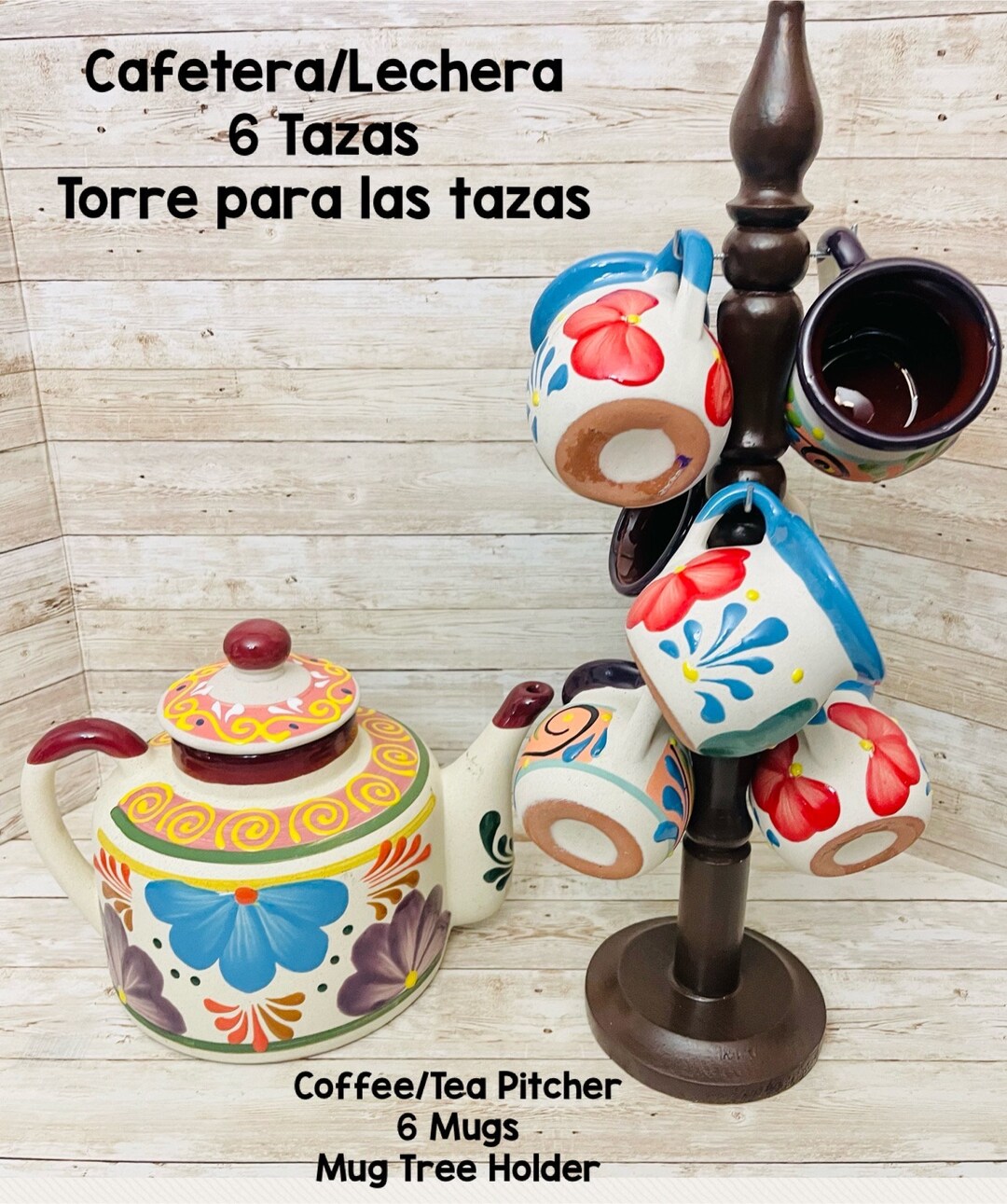 Terra Cotta Mexican Art Pottery Coffeetea Pot With 6 Mugs and Mug Tree ...