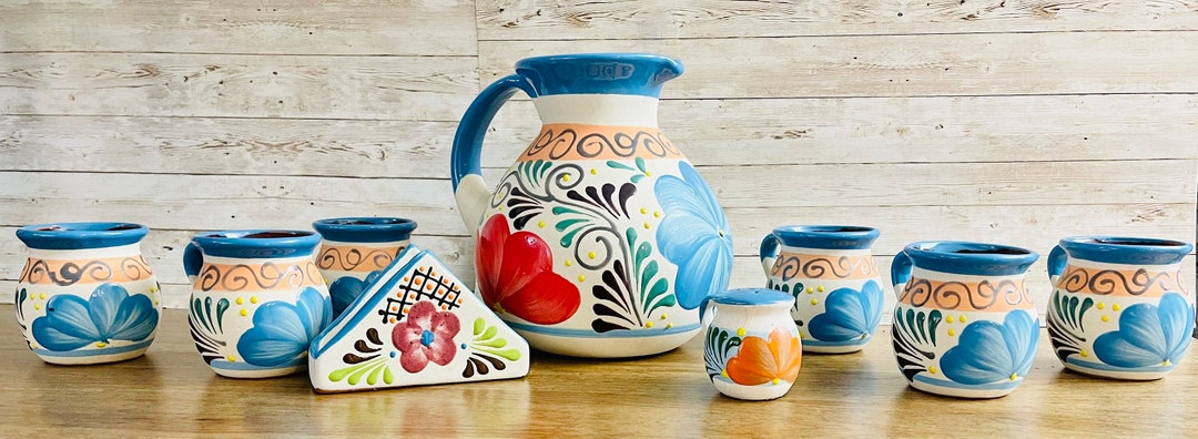Terra Cotta Mexican Art Pottery Pitcher With 6 Cups Napkin Holder and ...