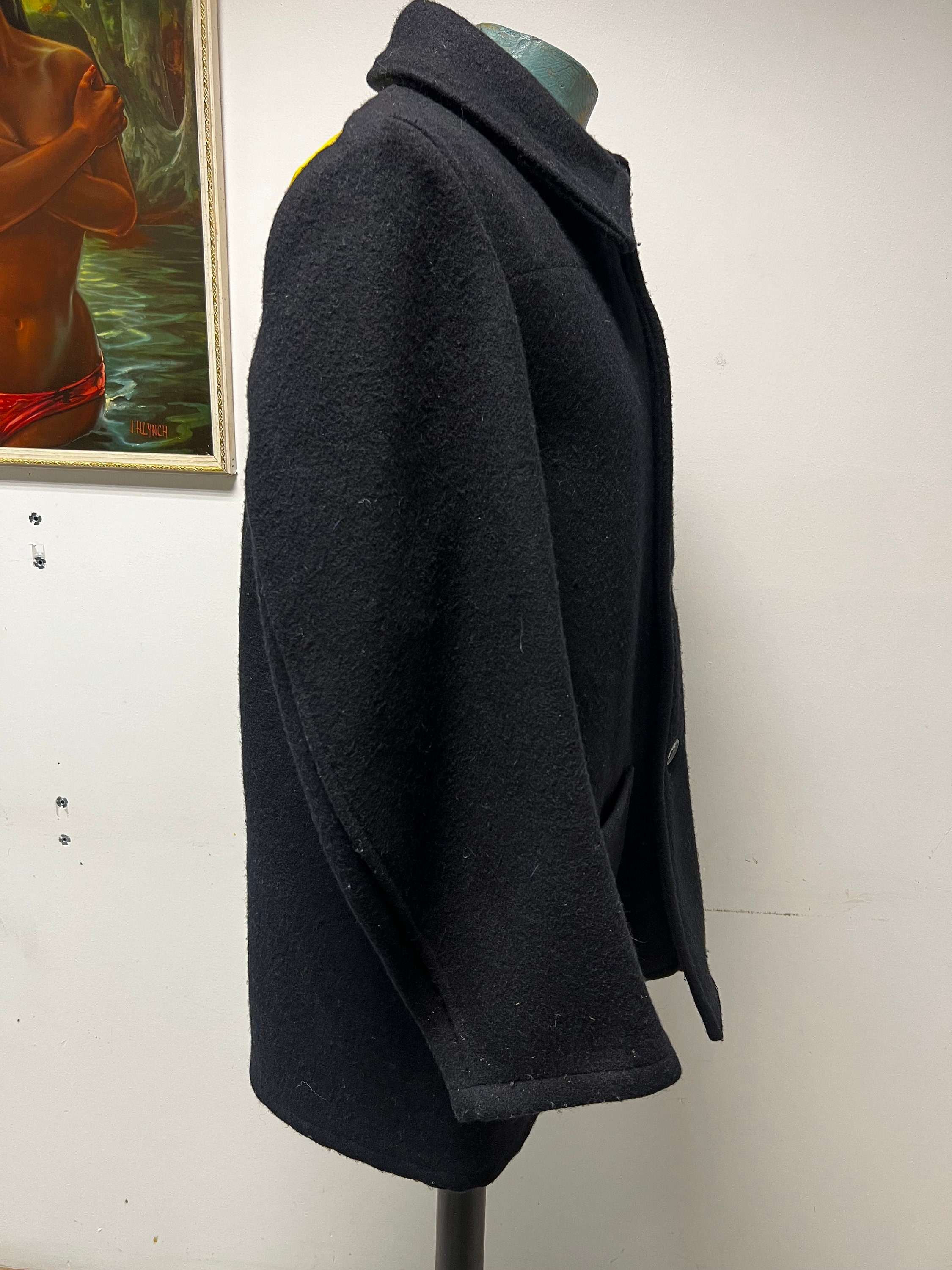 Vintage Navy Blue and Yellow, Wool Mix Donkey Jacket With Company Logo ...