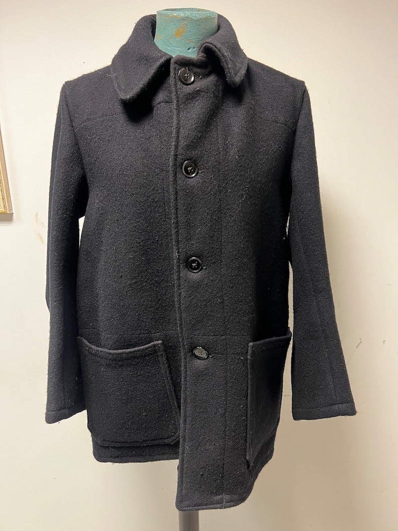 Vintage Navy Blue and Yellow, Wool Mix Donkey Jacket With Company Logo ...