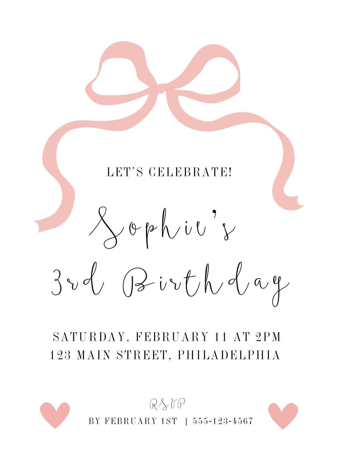 Pink Bow Birthday Party Invitation Template (download) - Etsy