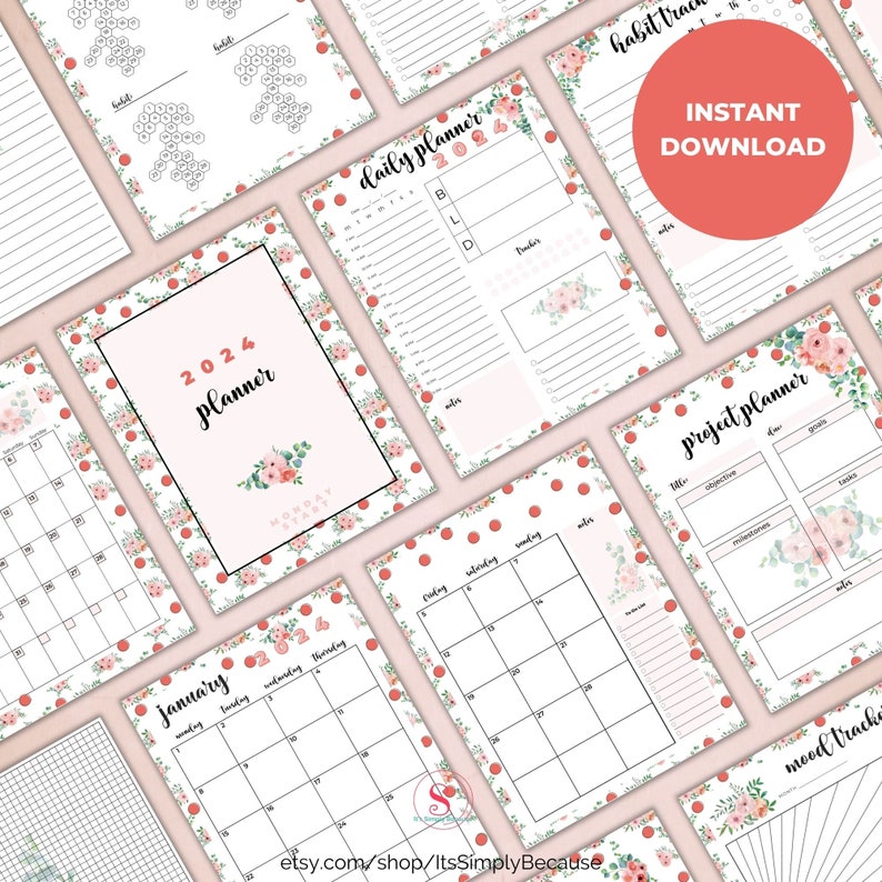 Printable 2024 Calendar Watercolor Floral Printable Calendars W/ Sunday ...