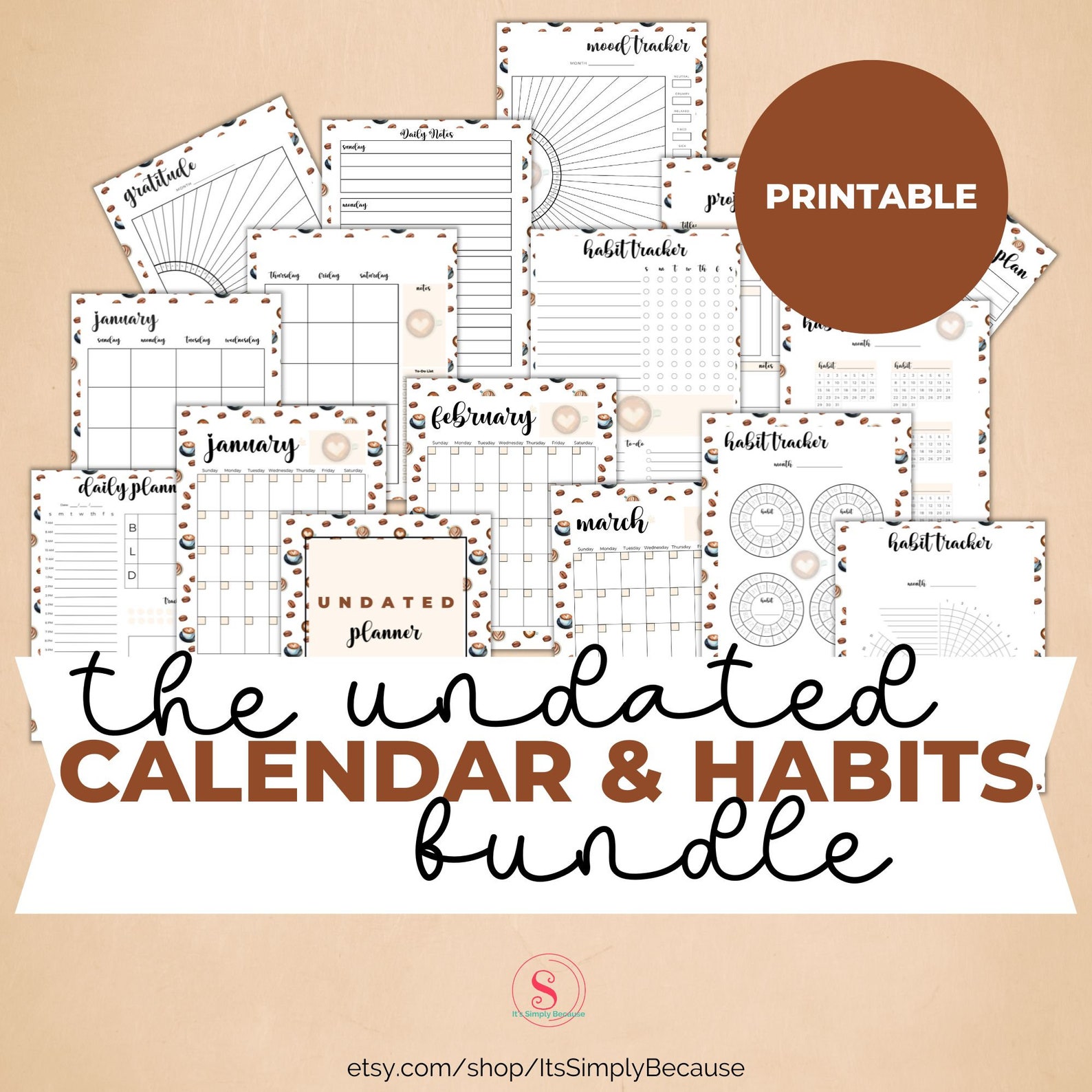 12 Month Undated Calendars W/ Sunday Start and Monday Start and Habit ...