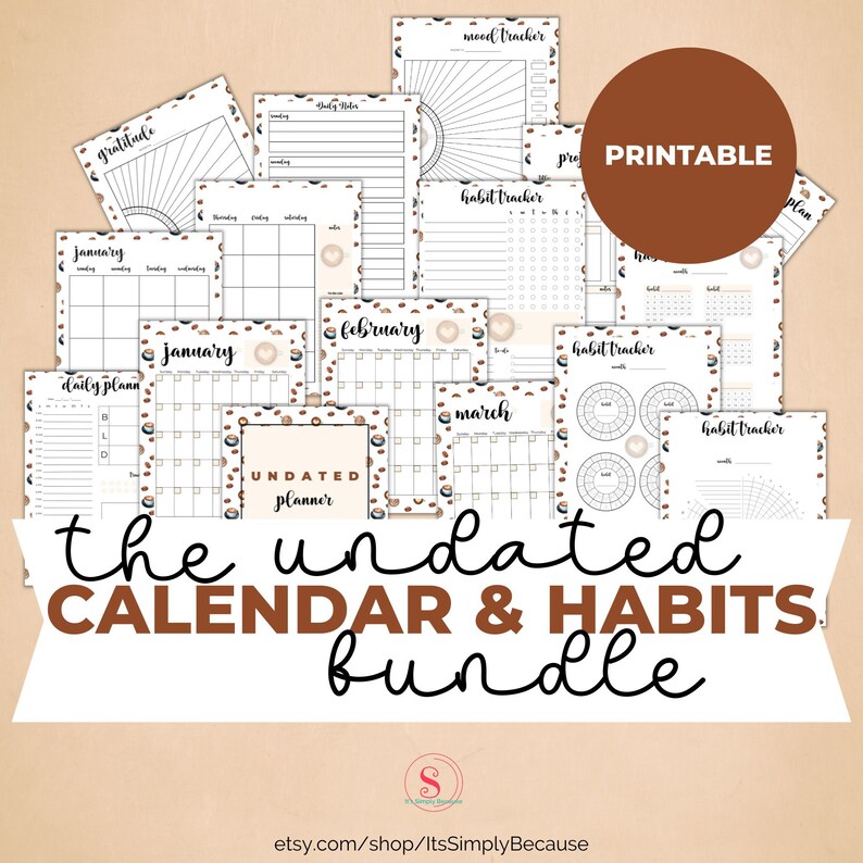 12 Month Undated Calendars W/ Sunday Start and Monday Start and Habit ...