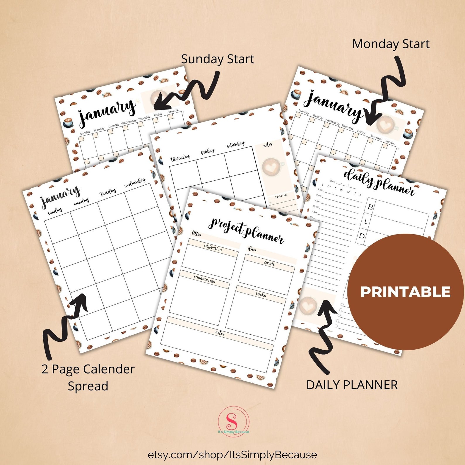 12 Month Undated Calendars W/ Sunday Start and Monday Start - Etsy