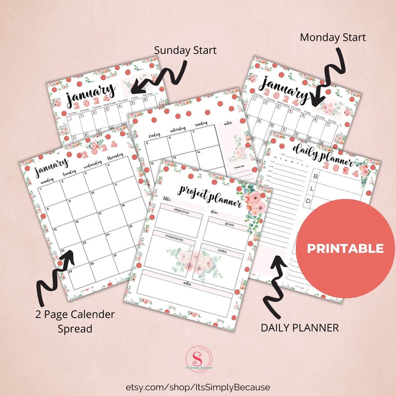 Printable 2024 Calendar Watercolor Floral Printable Calendars W/ Sunday ...