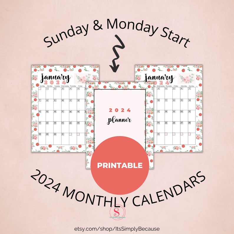 Printable 2024 Calendar Watercolor Floral Printable Calendars W/ Sunday ...