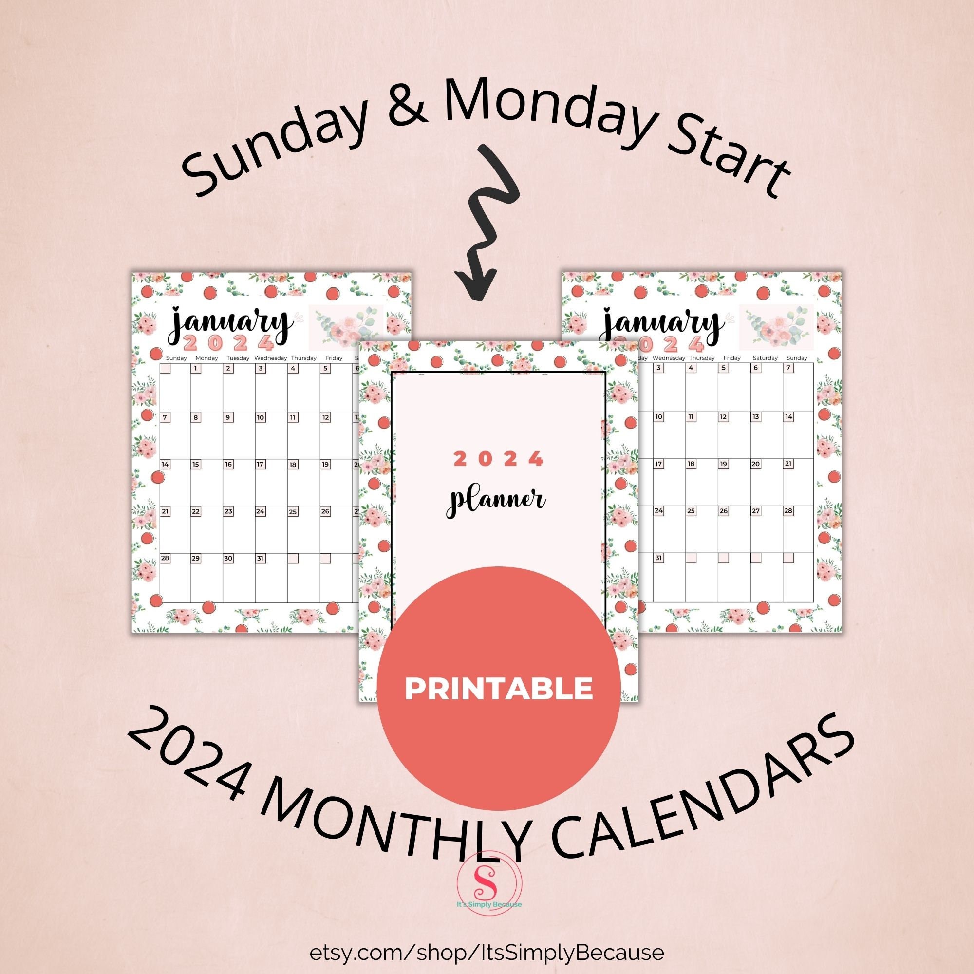 Printable 2024 Calendar Watercolor Floral Printable Calendars W/ Sunday ...