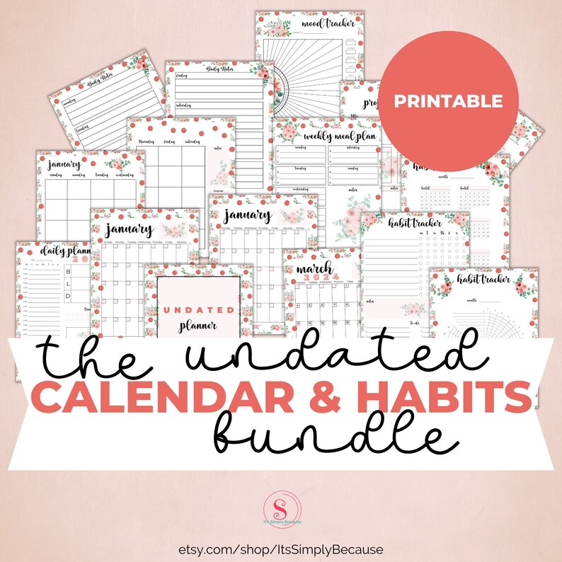 Undated Calendars | Watercolor Floral Printable Calendars W/ Sunday ...