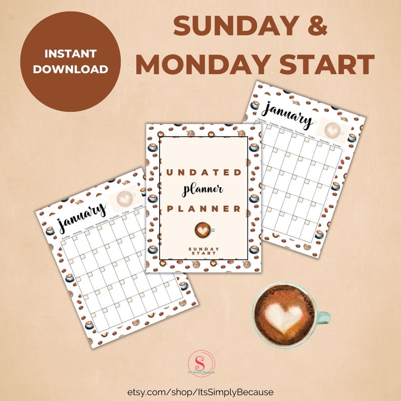 12 Month Undated Calendars W/ Sunday Start and Monday Start - Etsy