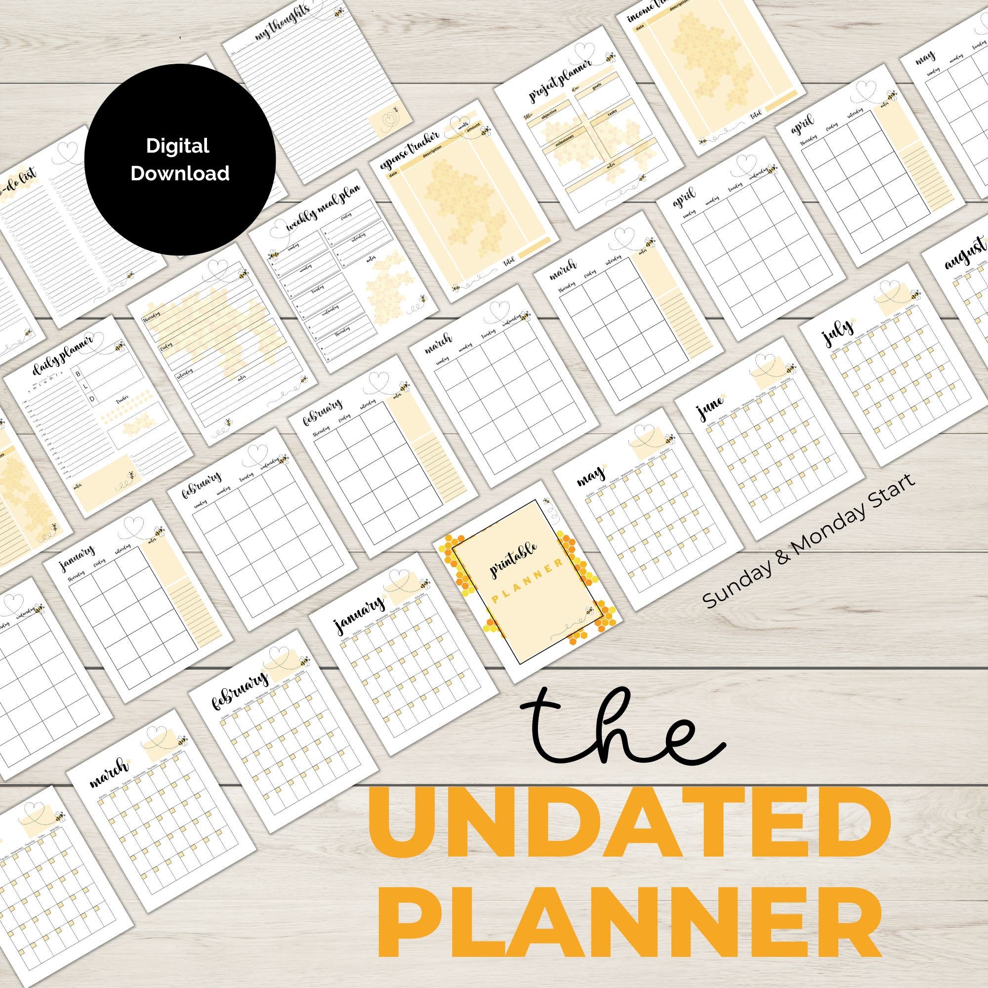 Undated Monthly Calendars Undated Honey Bee Printable Monthly Calendars ...