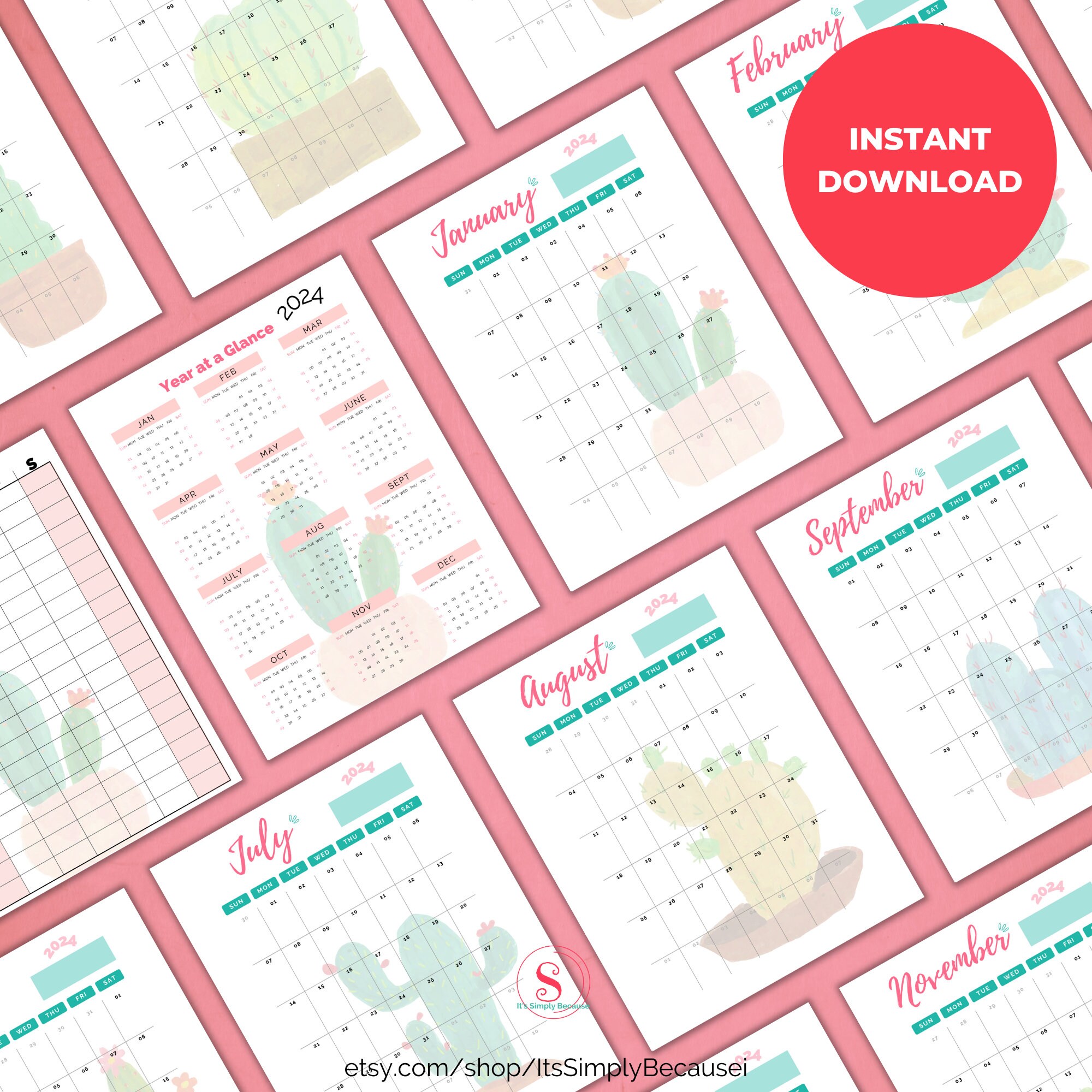 2024 Calendar Printable Cactus Pattern 2024 Monthly Calendar Daily ...