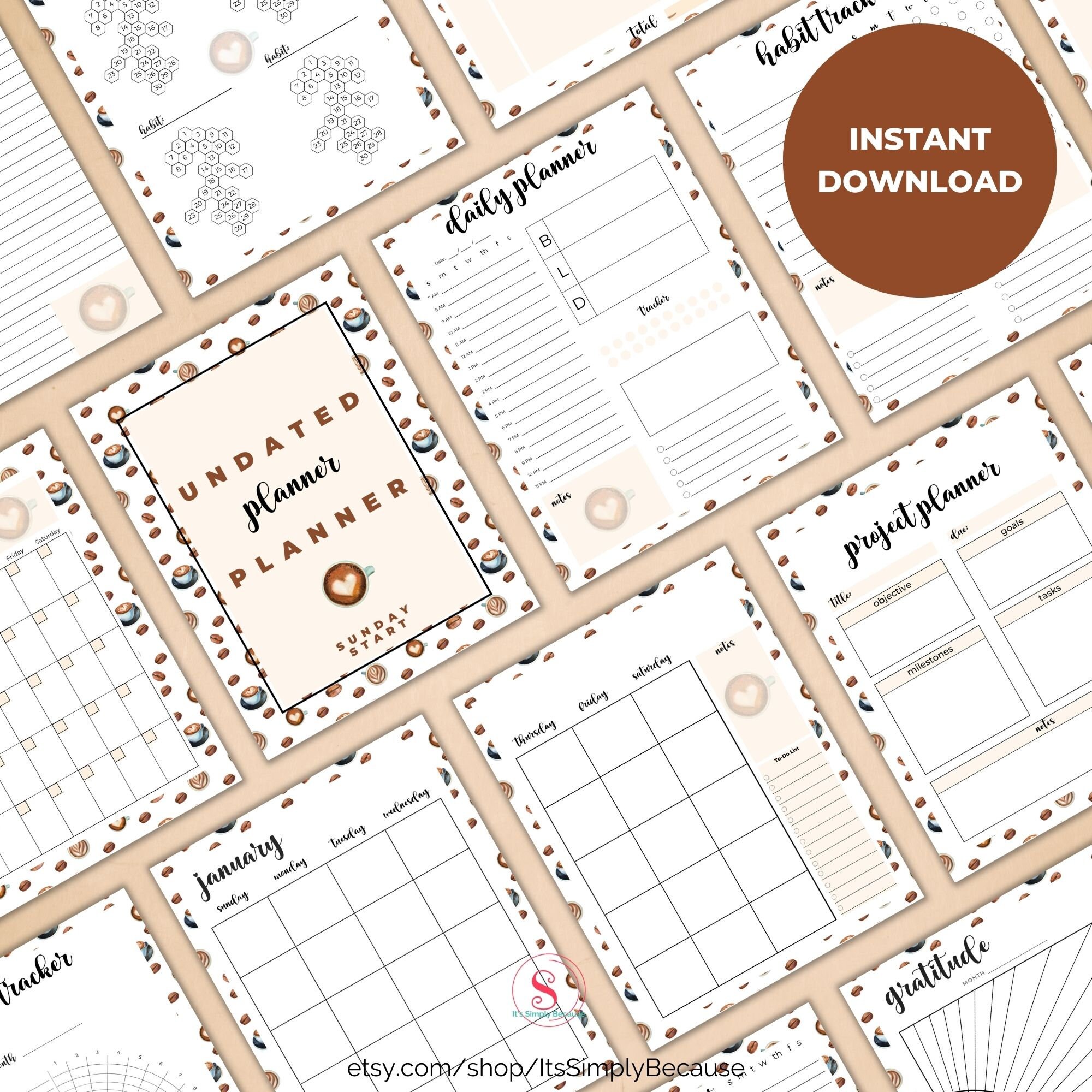 12 Month Undated Calendars W/ Sunday Start and Monday Start and Habit ...
