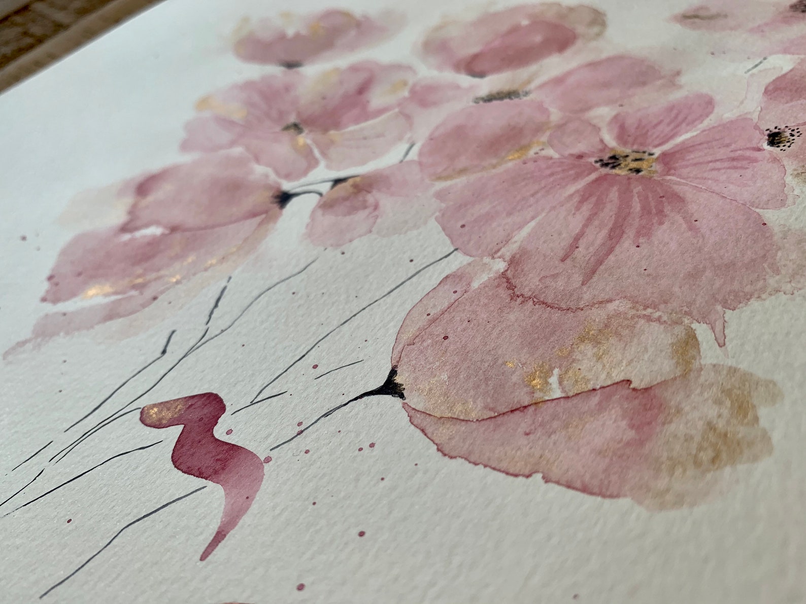 Original Hand Painted Abstract Flowers in Pink and Gold, Hand Drawn ...
