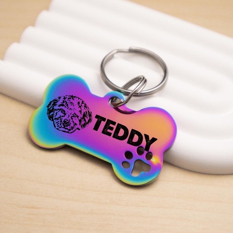 Custom Pet Portrait Dog Tag: Stainless Steel Bone Tag With Paw - Etsy