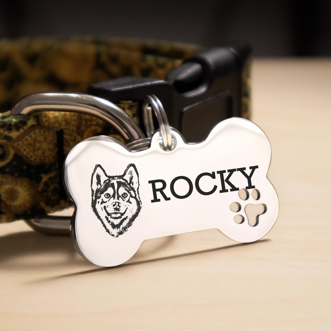 Custom Pet Portrait Dog Tag: Stainless Steel Bone Tag With Paw - Etsy