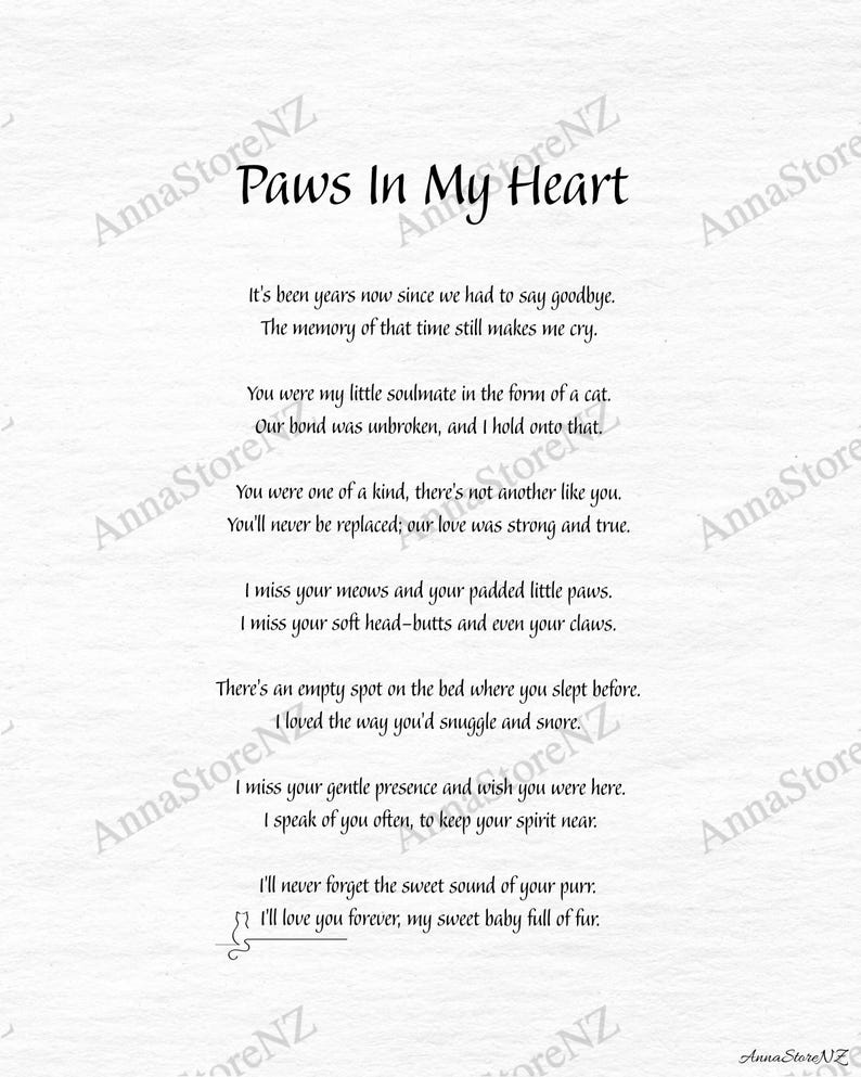 Printable Pet Loss Poem | Cat Memorial Gift | Paws in My Heart ...